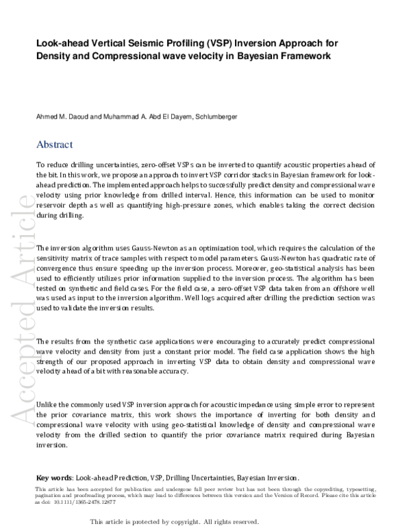 (PDF) Look-Ahead Vertical Seismic Profiling VSP Inversion Approach for ...