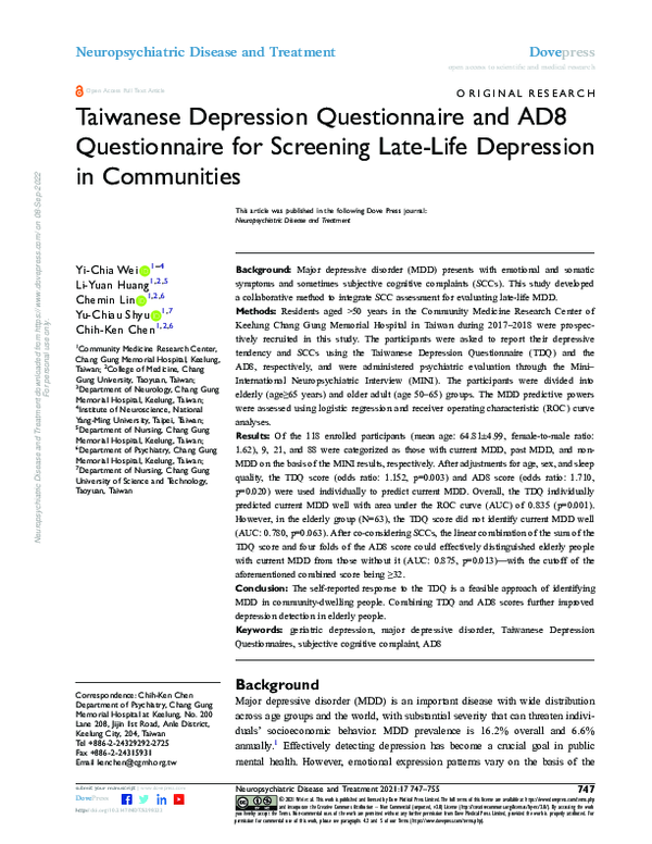 (PDF) Taiwanese Depression Questionnaire and AD8 Questionnaire for ...
