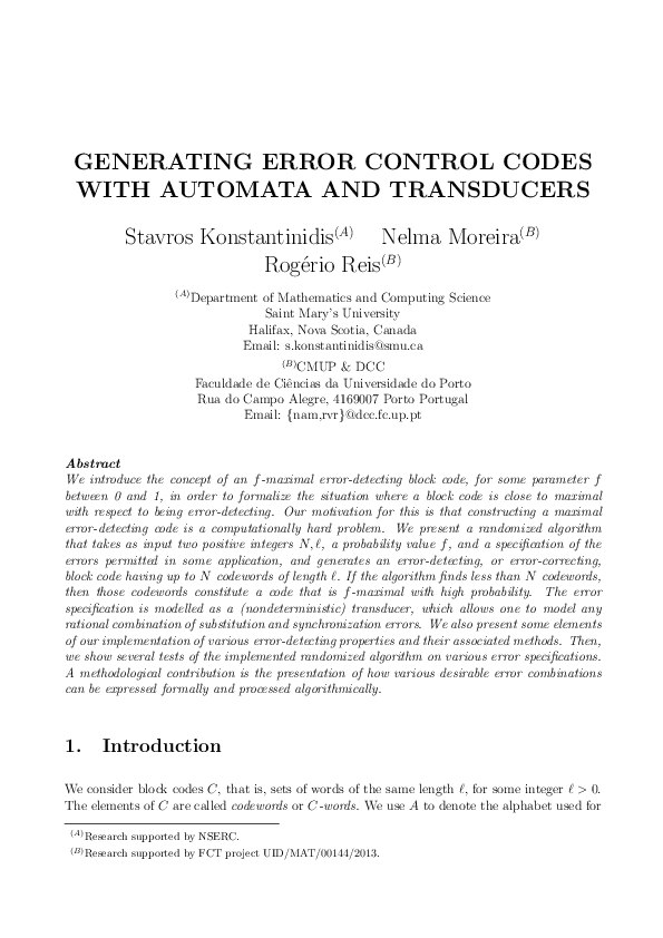 (PDF) Generating error control codes with automata and transducers
