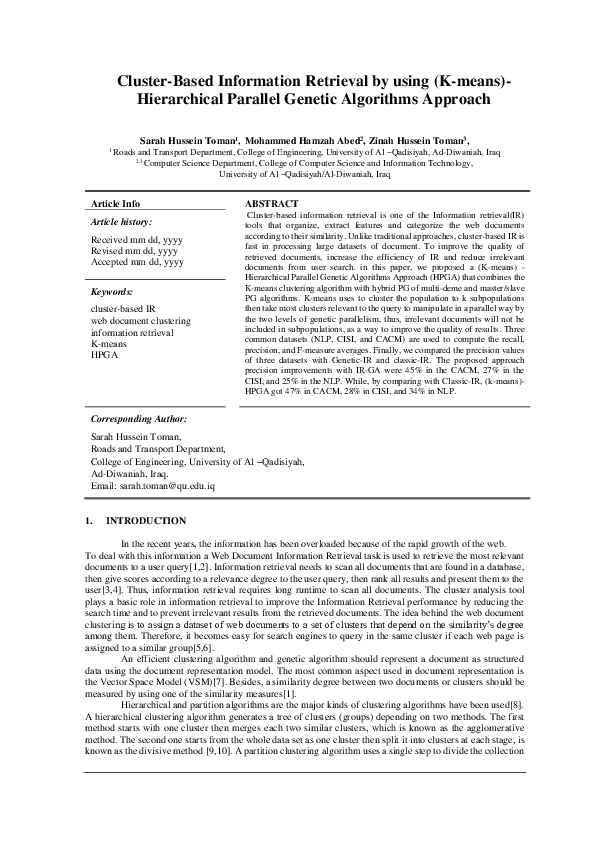 (PDF) Cluster-based information retrieval by using (K-means)-hierarchical parallel genetic ...