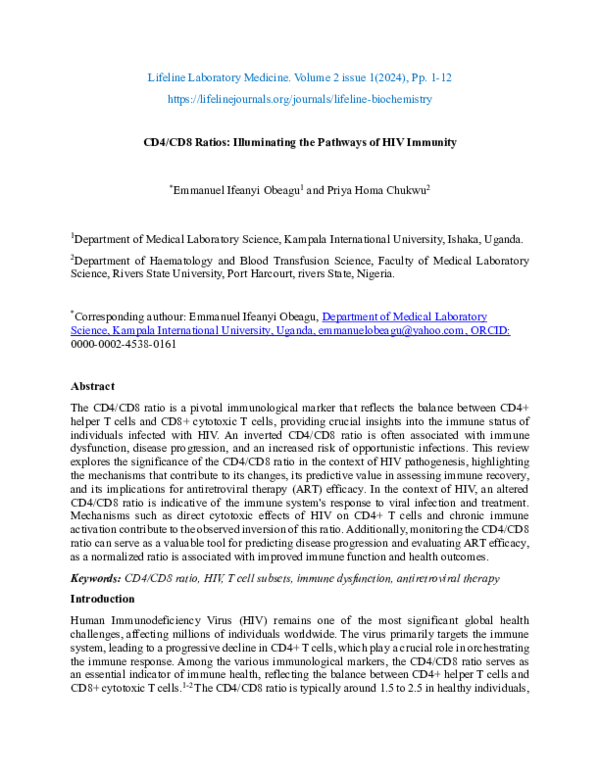 (PDF) CD4/CD8 Ratios: Illuminating the Pathways of HIV Immunity