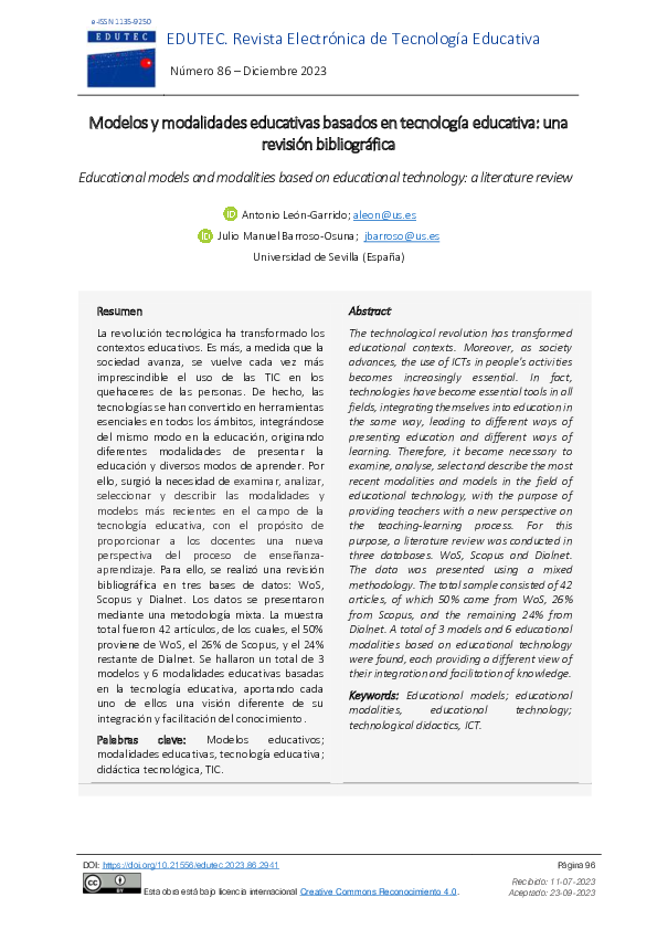 (PDF) Modelos y modalidades educativas basados en tecnología educativa: una revisión bibliográfica