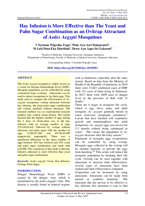 (PDF) Hay Infusion is More Effective than The Yeast and Palm Sugar Combination as an Ovitrap ...