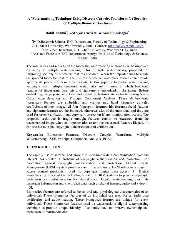 (PDF) A Watermarking Technique Using Discrete Curvelet Transform for Security of Multiple ...