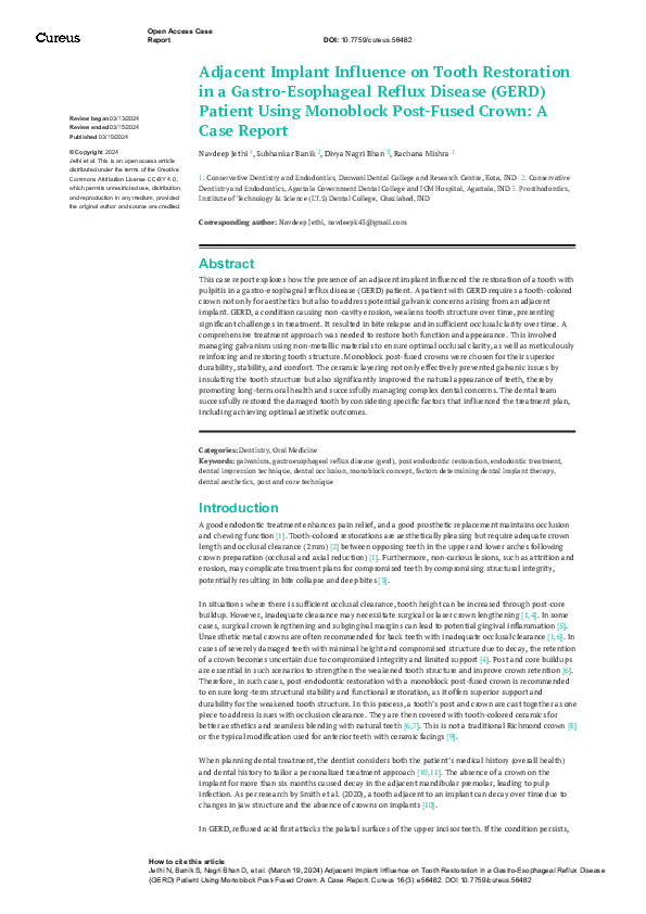 (PDF) Adjacent Implant Influence on Tooth Restoration in a Gastro ...