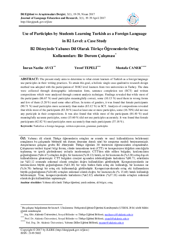 (PDF) Use of Participles by Students Learning Turkish as a Foreign Language in B2 Level: a Case ...