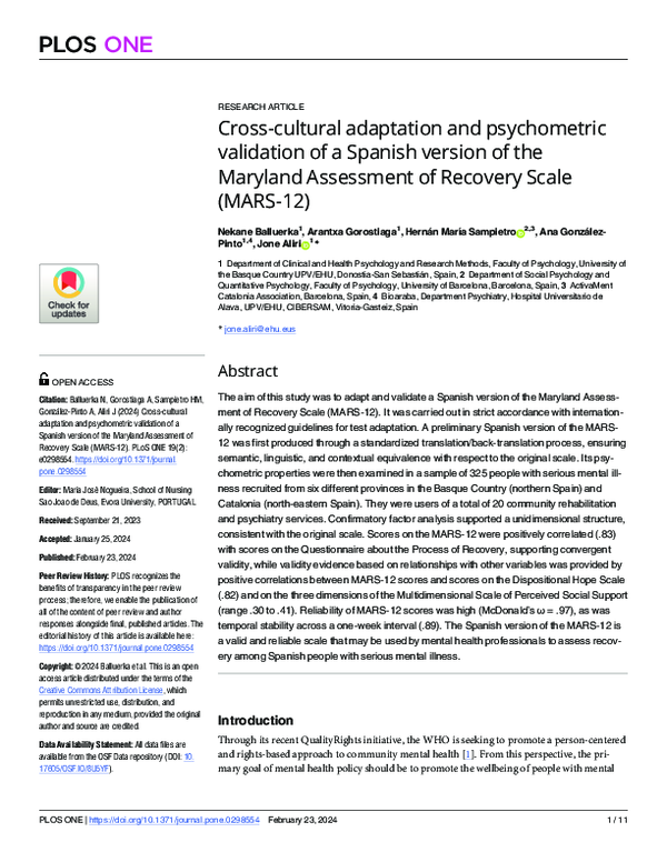 (PDF) Cross-cultural adaptation and psychometric validation of a Spanish version of the Maryland ...