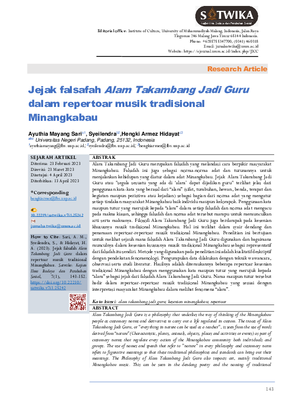 (PDF) Jejak falsafah Alam Takambang Jadi Guru dalam repertoar musik tradisional Minangkabau