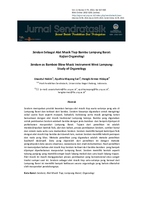 (PDF) Serdam Sebagai Alat Musik Tiup Bambu Lampung Barat: Kajian Organologi