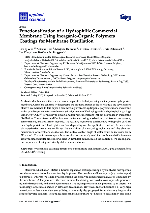 (PDF) Functionalization of a Hydrophilic Commercial Membrane Using Inorganic-Organic Polymers ...