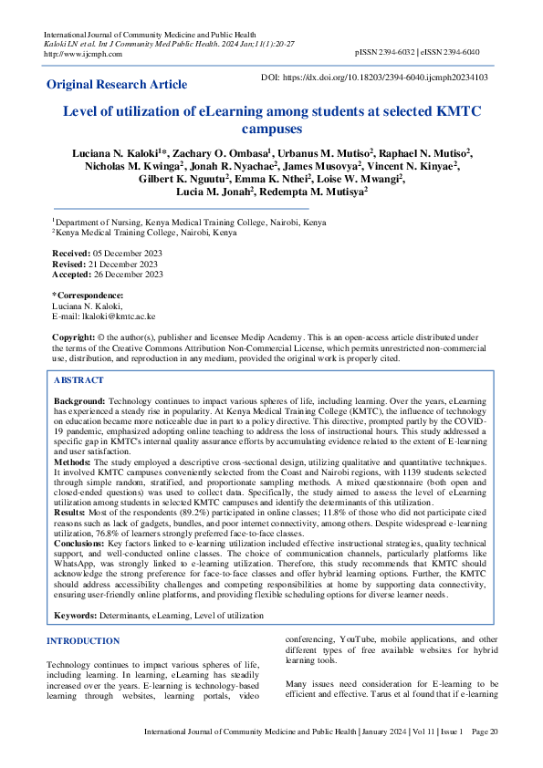 (PDF) Level of utilization of eLearning among students at selected KMTC ...