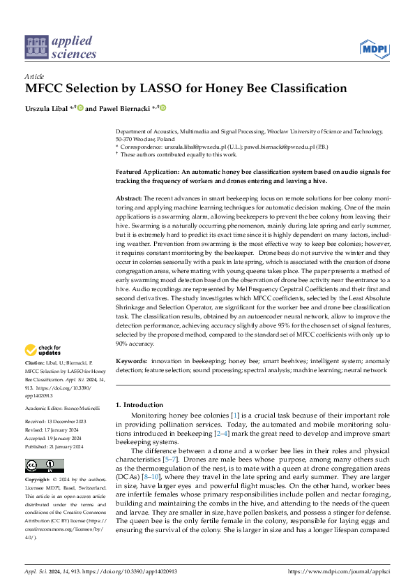 (PDF) MFCC Selection by LASSO for Honey Bee Classification