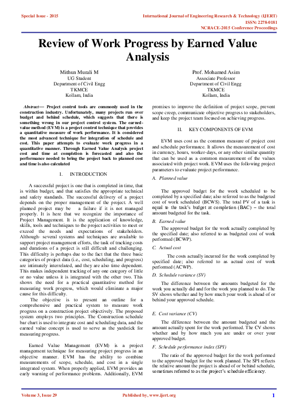 (PDF) Review of Work Progress by Earned Value Analysis