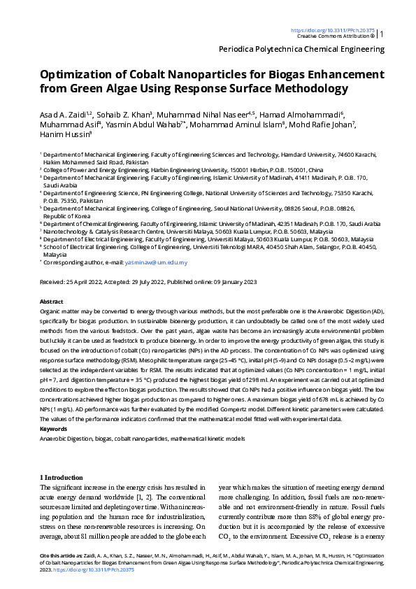 (PDF) Optimization of Cobalt Nanoparticles for Biogas Enhancement from Green Algae Using ...