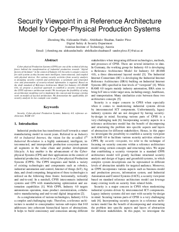 (PDF) Security Viewpoint in a Reference Architecture Model for Cyber-Physical Production Systems