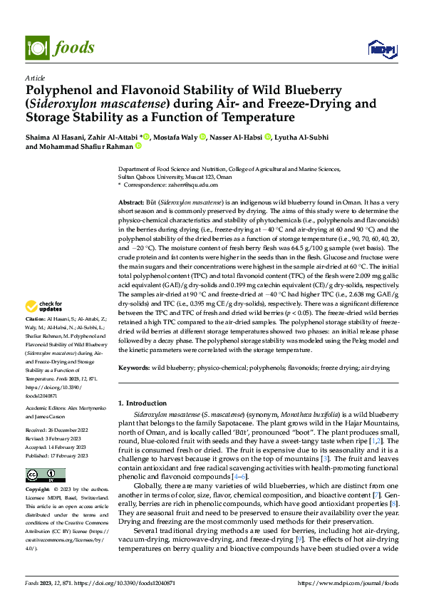 (PDF) Polyphenol and Flavonoid Stability of Wild Blueberry (Sideroxylon mascatense) during Air ...