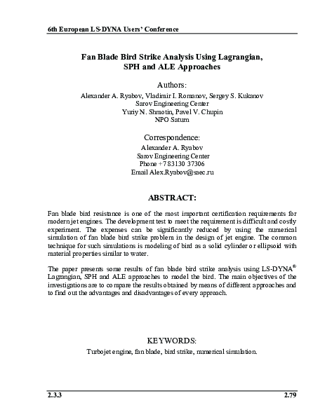 (PDF) Fan blade bird strike analysis using Lagrangian, SPH and ALE ...