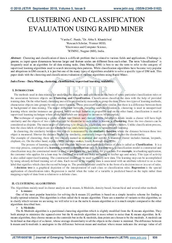 (PDF) Clustering and Classification Evaluation Using Rapid Miner