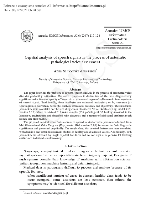 (PDF) Cepstral analysis of speech signals in the process of automatic pathological voice assessment