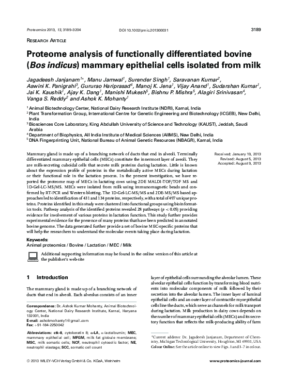 (PDF) Proteome analysis of functionally differentiated bovine (Bos indicus) mammary epithelial ...