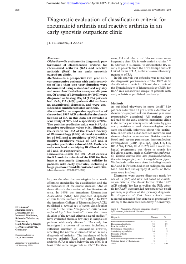 (PDF) Diagnostic evaluation of classification criteria for rheumatoid ...