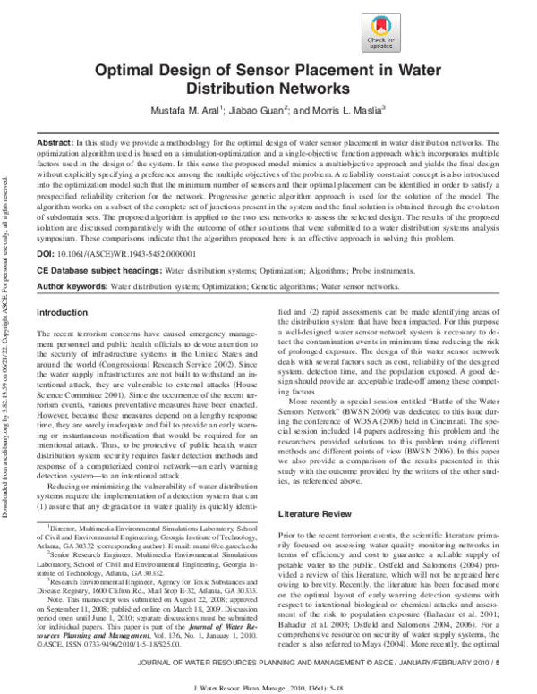 (PDF) Optimal Design of Sensor Placement in Water Distribution Networks