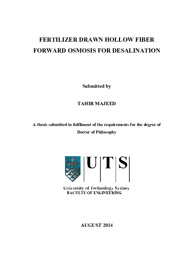 (PDF) Fertilizer drawn hollow fiber forward osmosis for desalination