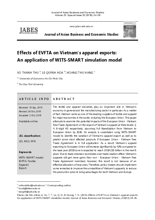 (PDF) Effects of EVFTA on Vietnam’s apparel exports: An application of WITS-SMART simulation model