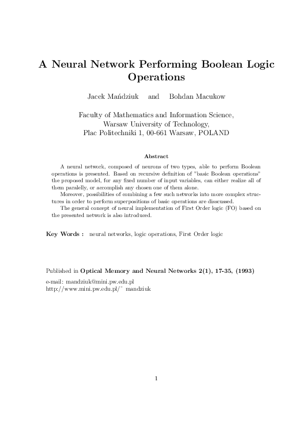 (PDF) A Neural Network Performing Boolean Logic Operations