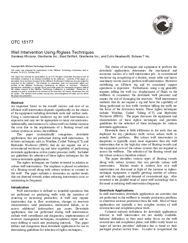 (PDF) Well Intervention Using Rigless Techniques