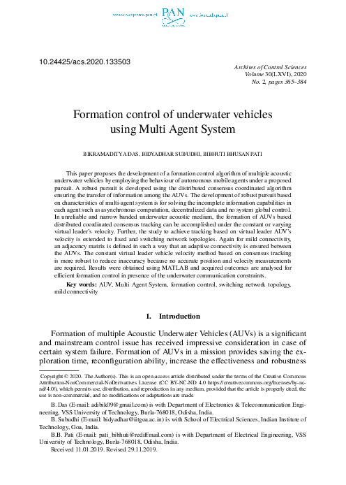 (PDF) Formation control of underwater vehicles using Multi Agent System