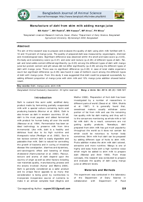 (PDF) Manufacture of dahi from skim milk adding mango juice