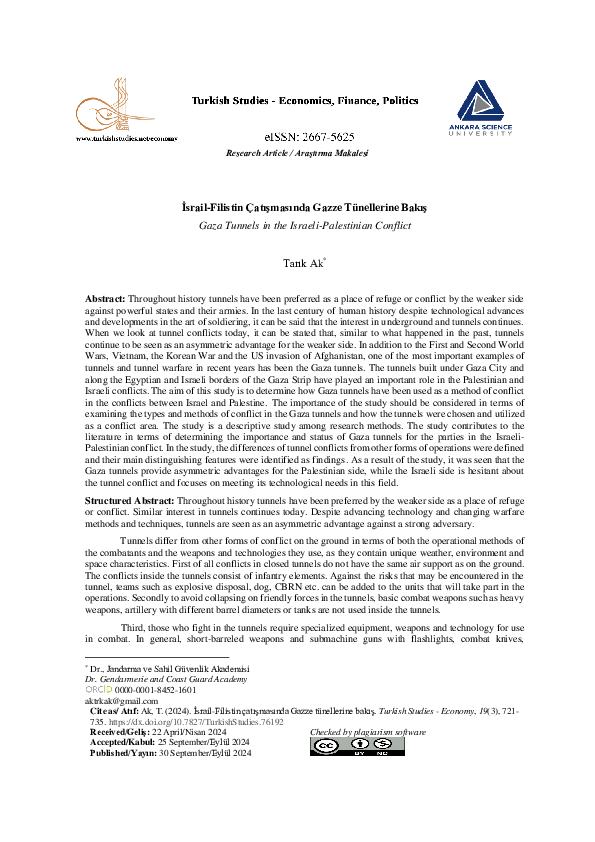 (PDF) İsrail-Filistin Çatışmasında Gazze Tünellerine Bakış/ Gaza ...