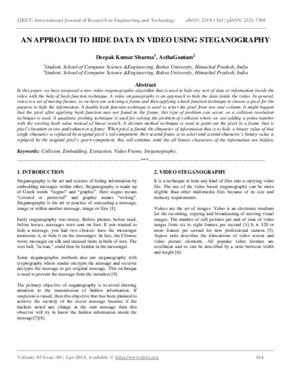 (PDF) An Approach to Hide Data in Video Using Steganography