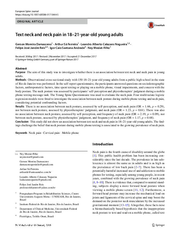 (PDF) Text neck and neck pain in 18–21-year-old young adults