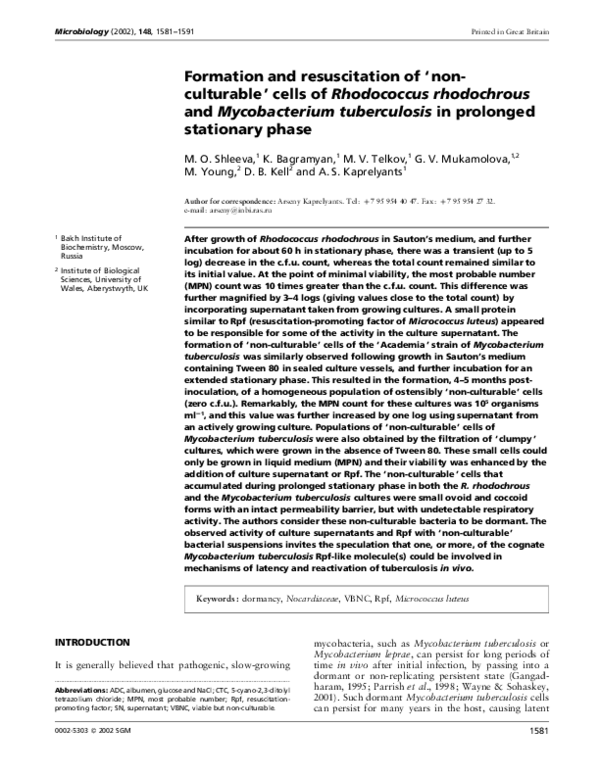 (PDF) Formation and resuscitation of ‘non-culturable’ cells of ...