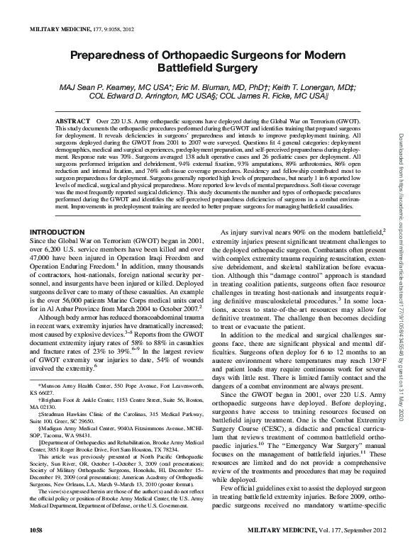 (PDF) Preparedness of Orthopaedic Surgeons for Modern Battlefield Surgery