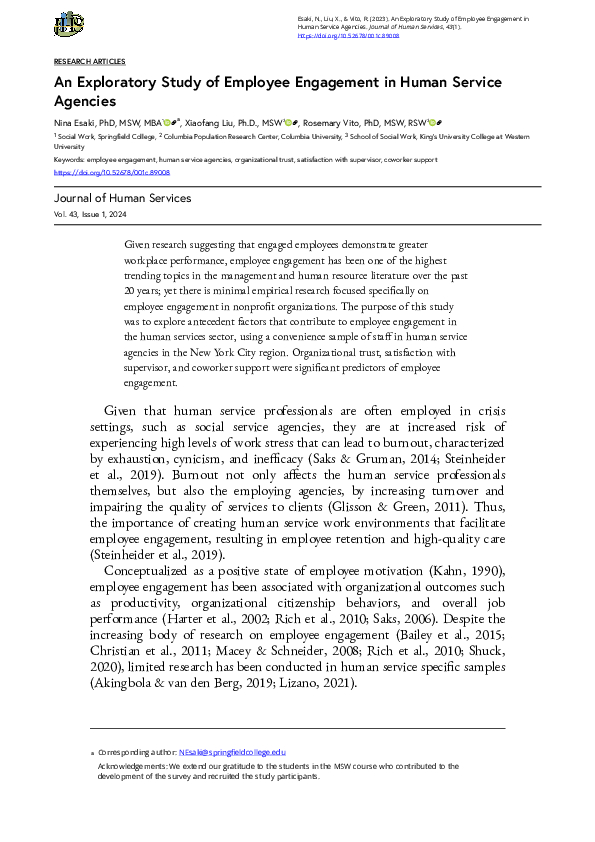 (PDF) An Exploratory Study of Employee Engagement in Human Service Agencies