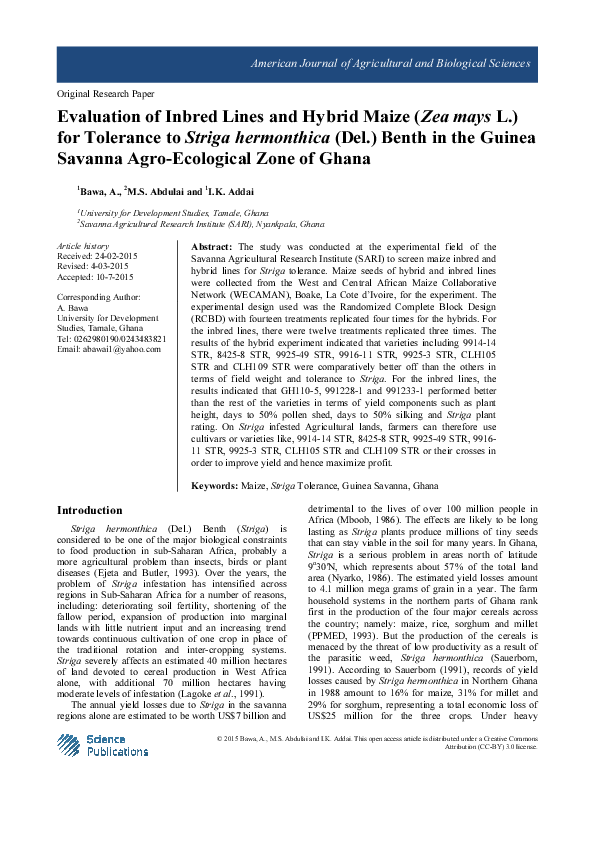 (PDF) Evaluation of Inbred Lines and Hybrid Maize ( Zea mays L.) for Tolerance to Striga ...