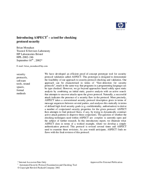 (PDF) ASPECT: A Tool for Security Protocol Checking