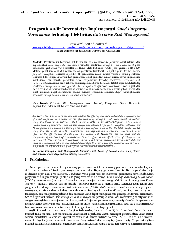 (PDF) Pengaruh Audit Internal dan Implementasi Good Corporate Governance terhadap Efektivitas ...
