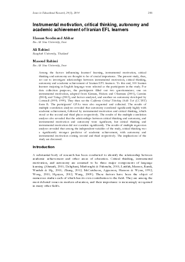 (PDF) Instrumental motivation, critical thinking, autonomy and academic ...