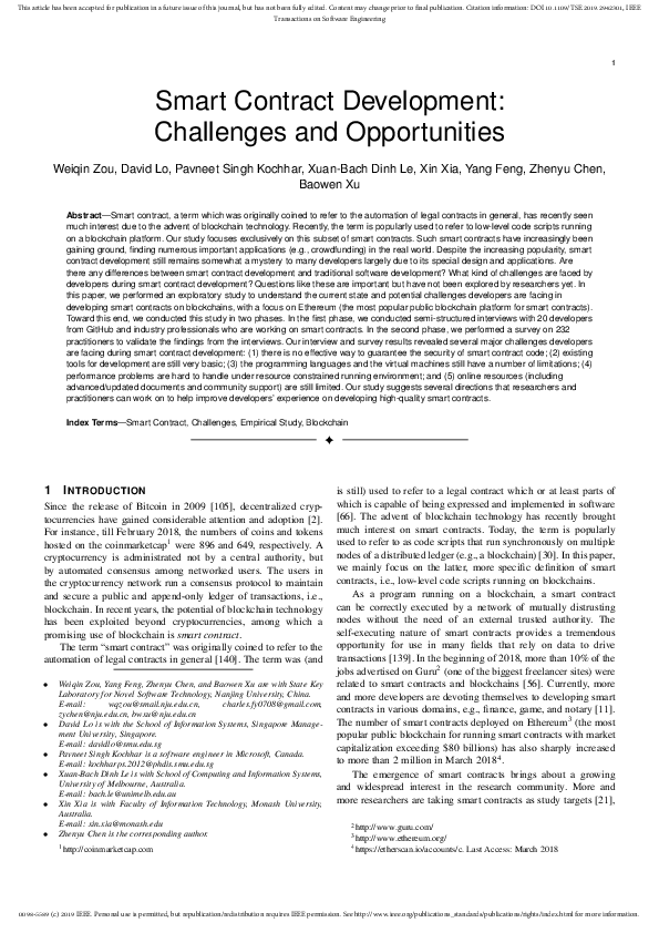 (PDF) Smart Contract Development: Challenges and Opportunities