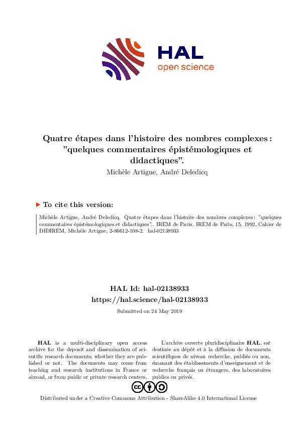 (PDF) Quatre étapes dans l'histoire des nombres complexes : "quelques ...