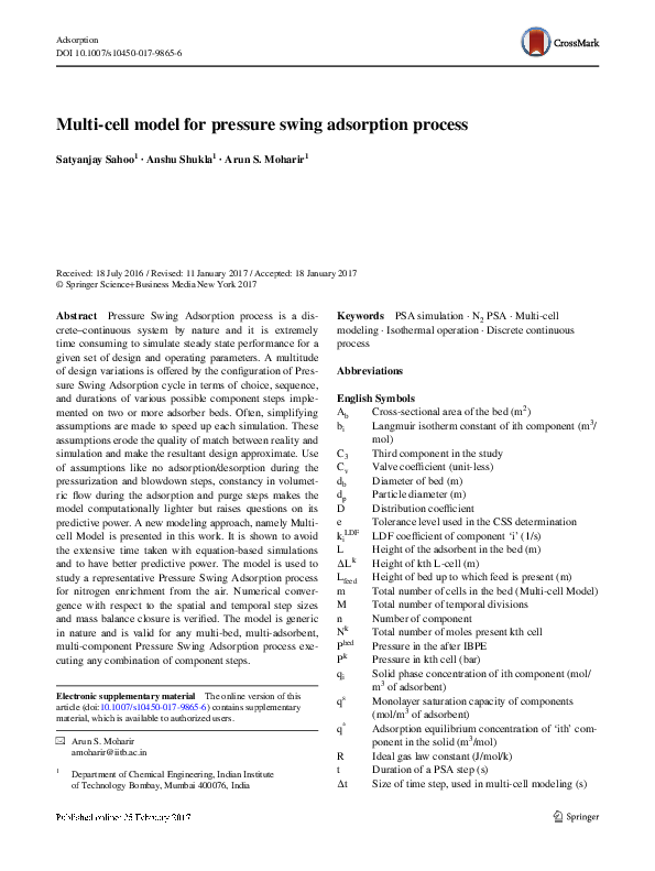 Pdf Multi Cell Model For Pressure Swing Adsorption Process