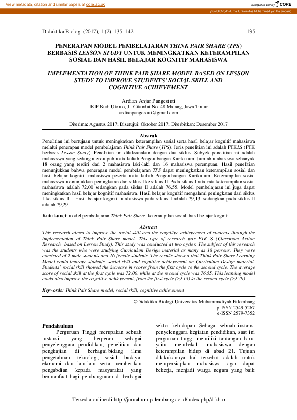 (PDF) Penerapan Model Pembelajaran Think Pair Share (TPS) Berbasis Lesson Study Untuk ...