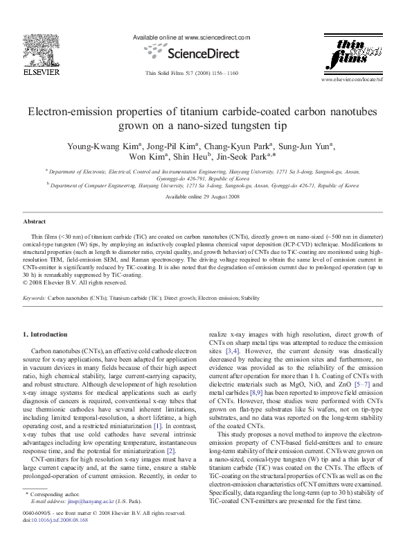 Pdf Electron Emission Properties Of Titanium Carbide Coated Carbon Nanotubes Grown On A Nano