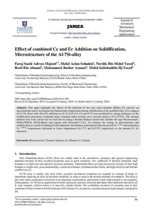 (PDF) Effect of combined Ce and Er Addition on Solidification ...