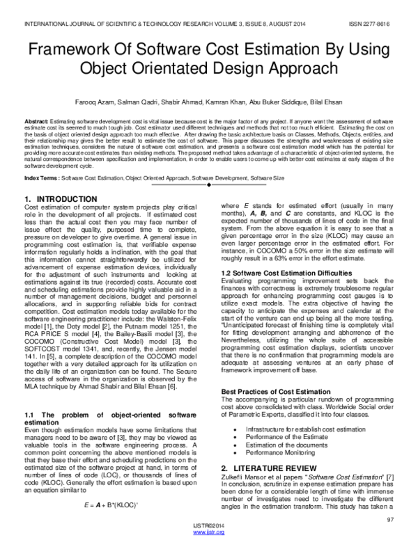 (PDF) Framework Of Software Cost Estimation By Using Object Orientated ...