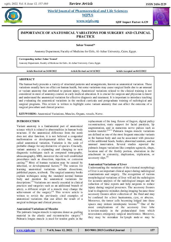 (PDF) IMPORTANCE OF ANATOMICAL VARIATIONS FOR SURGERY AND CLINICAL PRACTICE